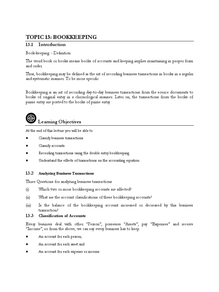 Topic Thirteen Book Keeping | PDF | Debits And Credits | Bookkeeping