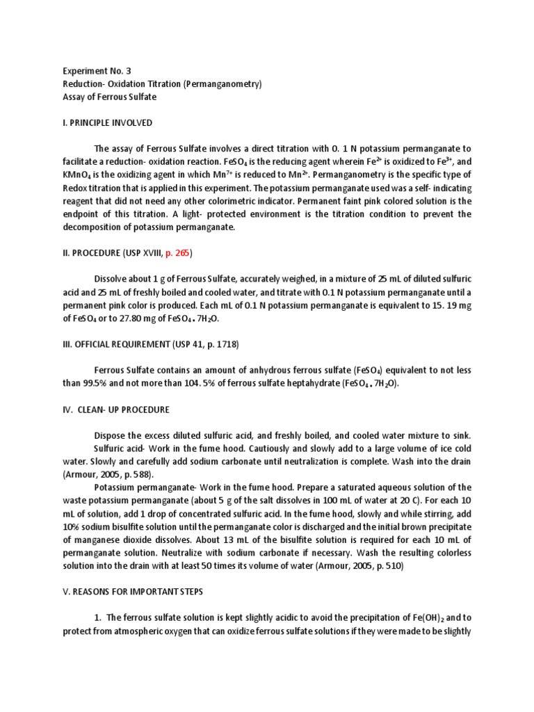 Experiment No. 3 - Permanganometry | PDF | Redox | Titration