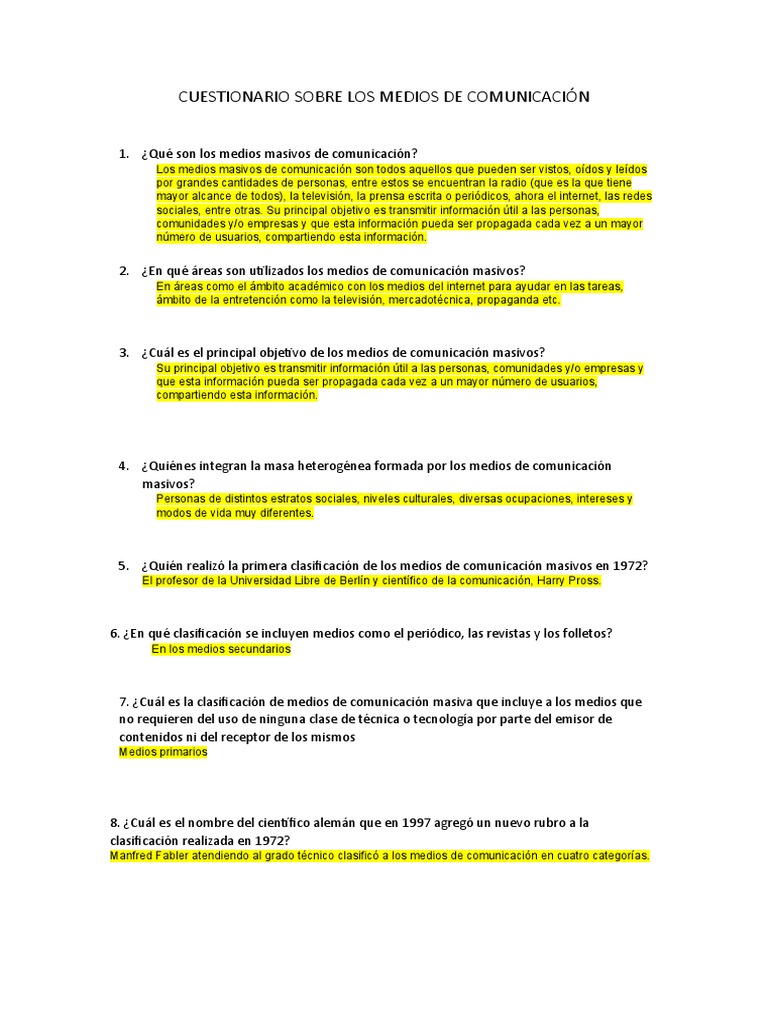 Cuestionario Sobre Los Medios de Comunicación | PDF | Medios de ...