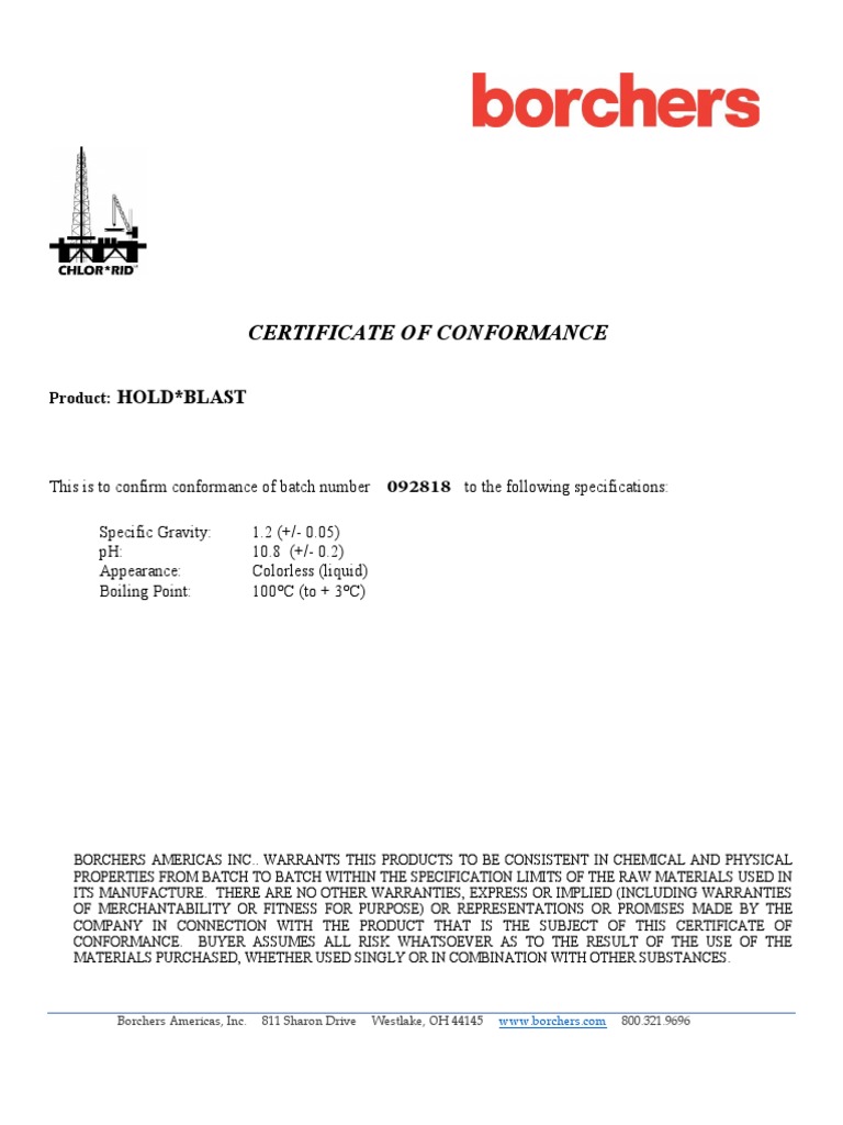 Holdblast Certificate of Conformance | PDF