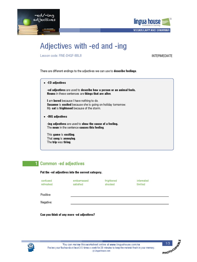 Adjectives With - Ed and - Ing: Lingua House Lingua House | PDF ...