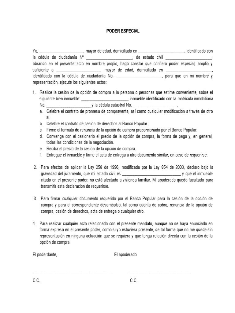 Poder para Cesión Opción de Compra | PDF | Instituciones sociales ...