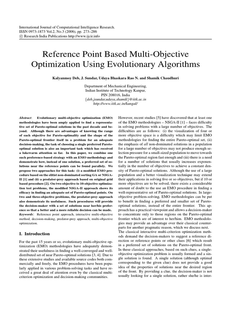 Reference Point Based Multi-Objective Optimization Using Evolutionary Algorithms | PDF | Pareto ...