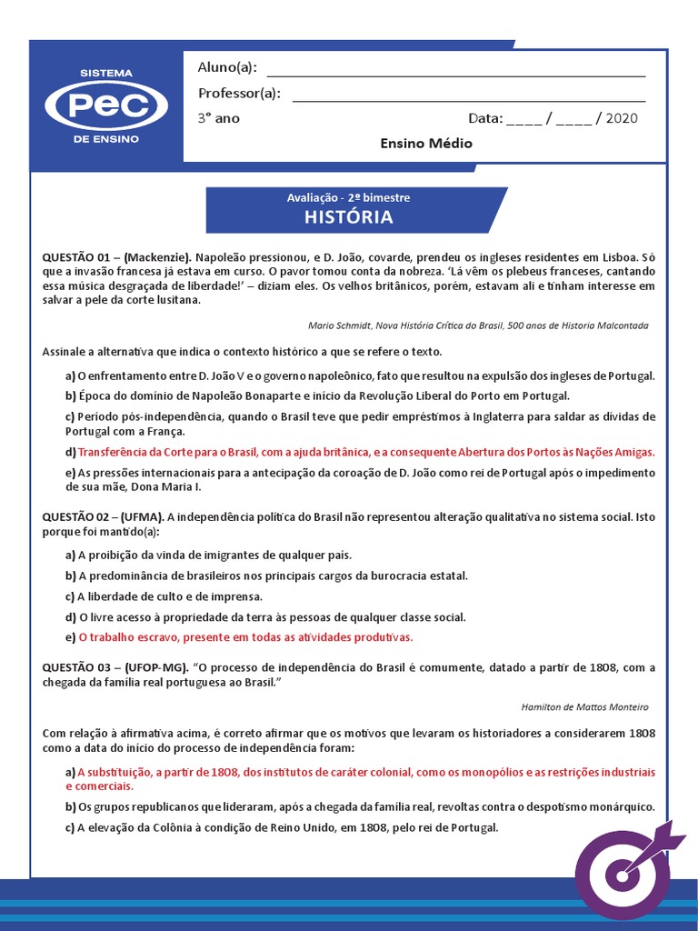 PeC Médio - HISTÓRIA - 3º ANO 2º BIM | PDF | Brasil | Paraguai