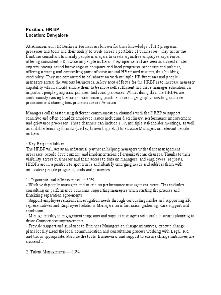 Position: HR BP Location: Bangalore | PDF | Talent Management | Employment