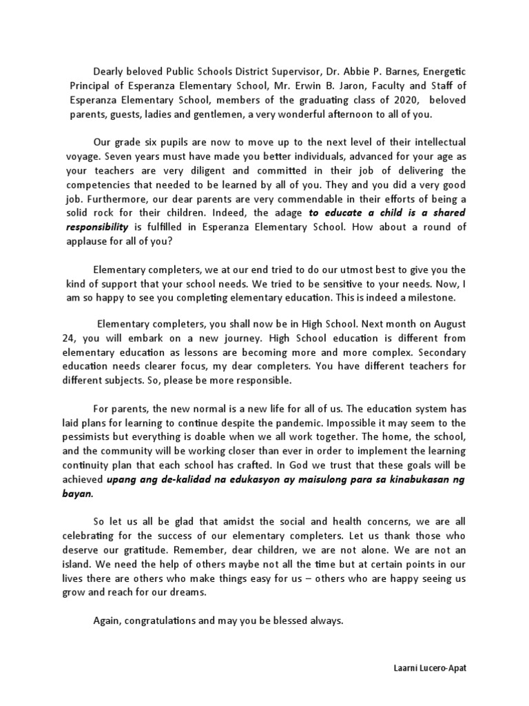 Inspirational Message For Elementary Moving Up Ceremonies | PDF | Psychological Concepts | Cognition