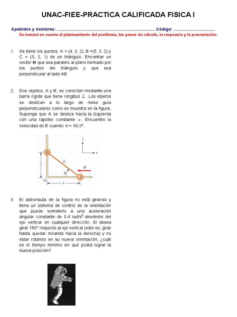 Unac-Fiee-Practica Calificada Fisica I: Apellidos y Nombres: .. . . . Código: .. .. | PDF