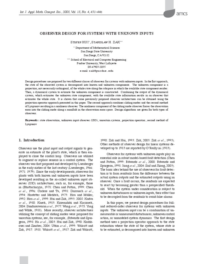 Observer Design For Systems With Unknown Inputs: Int. J. Appl. Math. Comput. Sci., 2005, Vol. 15 ...