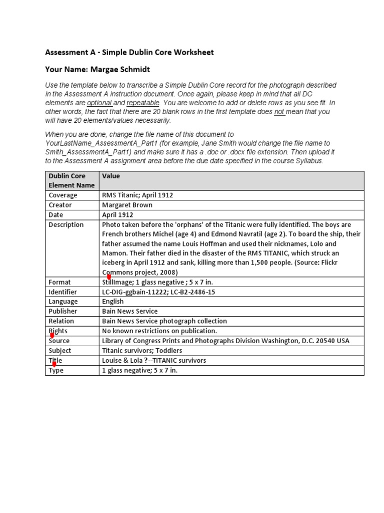 Assessment A - Simple Dublin Core Worksheet Your Name: Margae Schmidt | PDF
