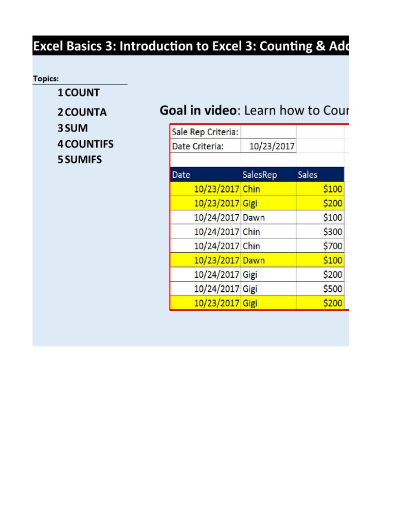 Excel Basics 3: Introduction To Excel 3: Counting & Adding: COUNT, COUNTA, SUM, COUNTIFS, SUMIFS ...