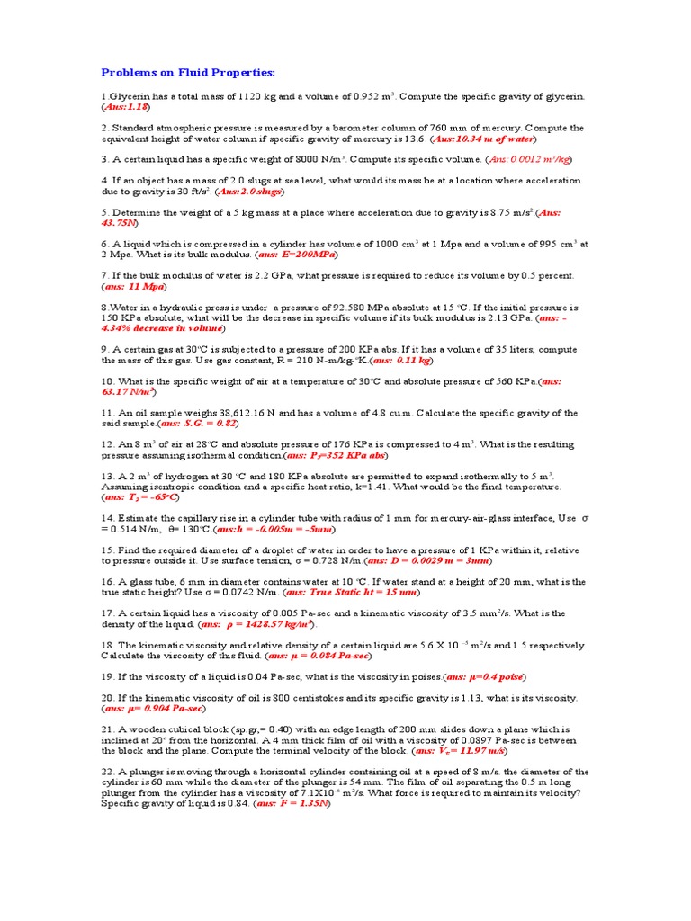 Fluid Mechanics Problem Set | PDF | Pressure | Liquids