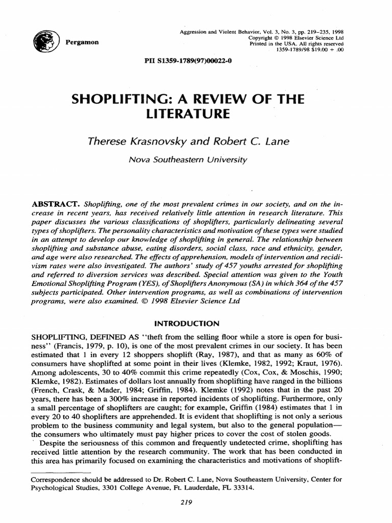 Shoplifting A Literature Review PDF | PDF