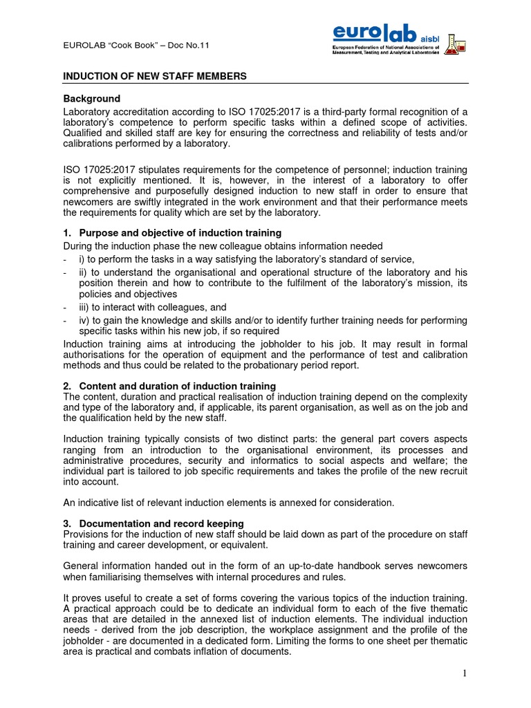 EUROLAB Cook Book - Doc No 11 Induction of New Staff Members - Rev. 2017 PDF | PDF ...