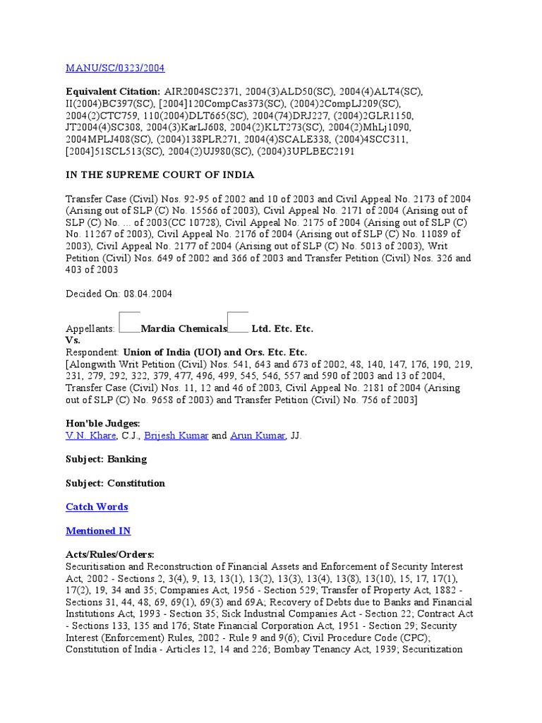 Full Text Judgment of Mardia Chemicals vs. Uoi | PDF | Security ...