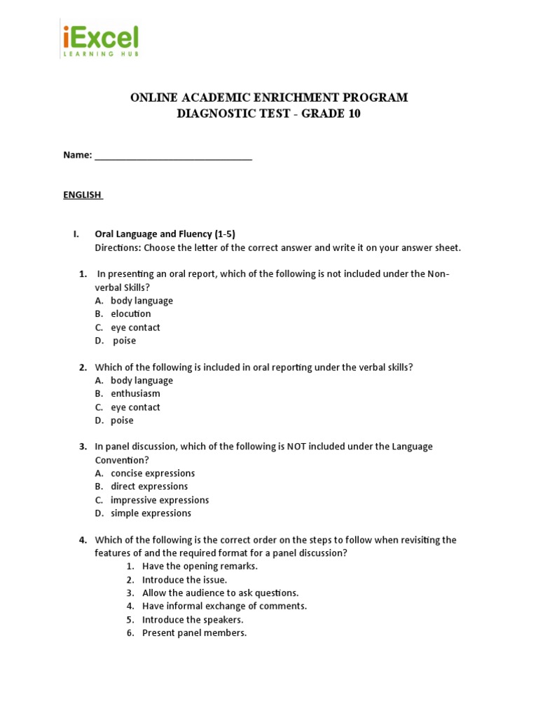 Grade 10 English Diagnostic Test | PDF | Adverb | Linux