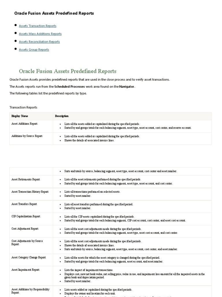 Oracle Fusion Assets Predefined Reports | PDF | Depreciation | Expense