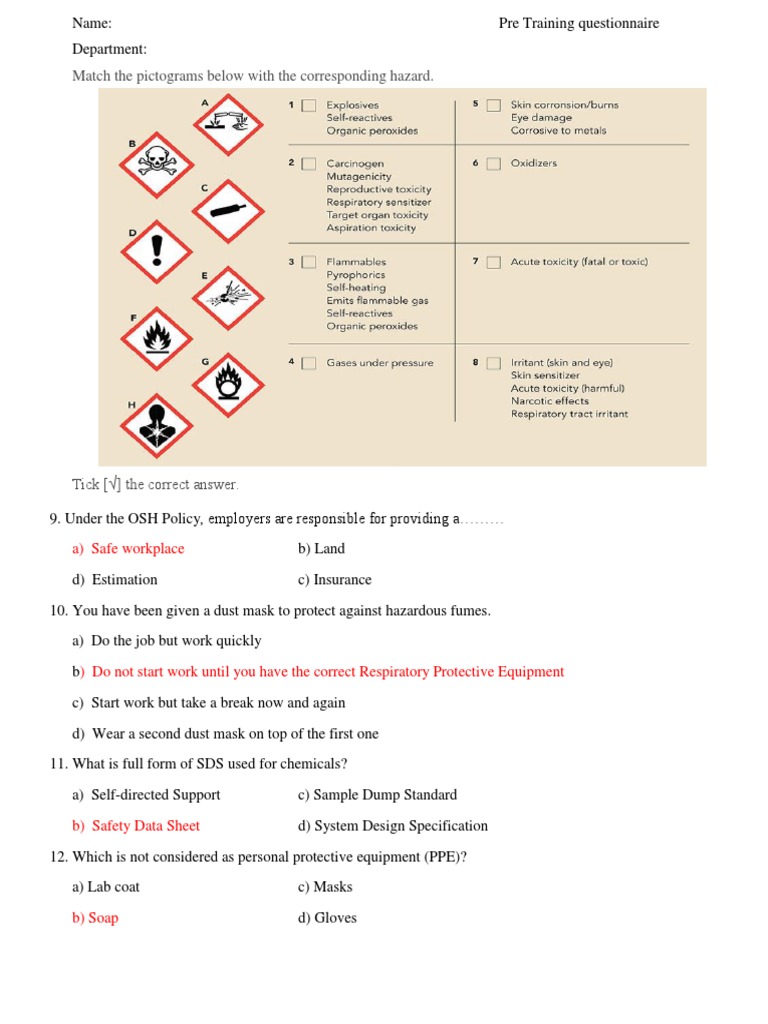 Match The Pictograms Below With The Corresponding Hazard.: A) Safe ...