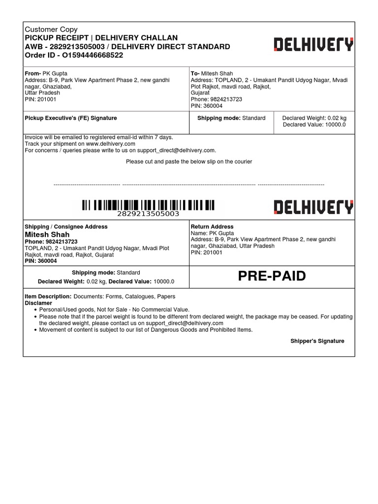 Pre-Paid: Pickup Receipt - Delhivery Challan Awb - 2829213505003 / Delhivery Direct Standard ...