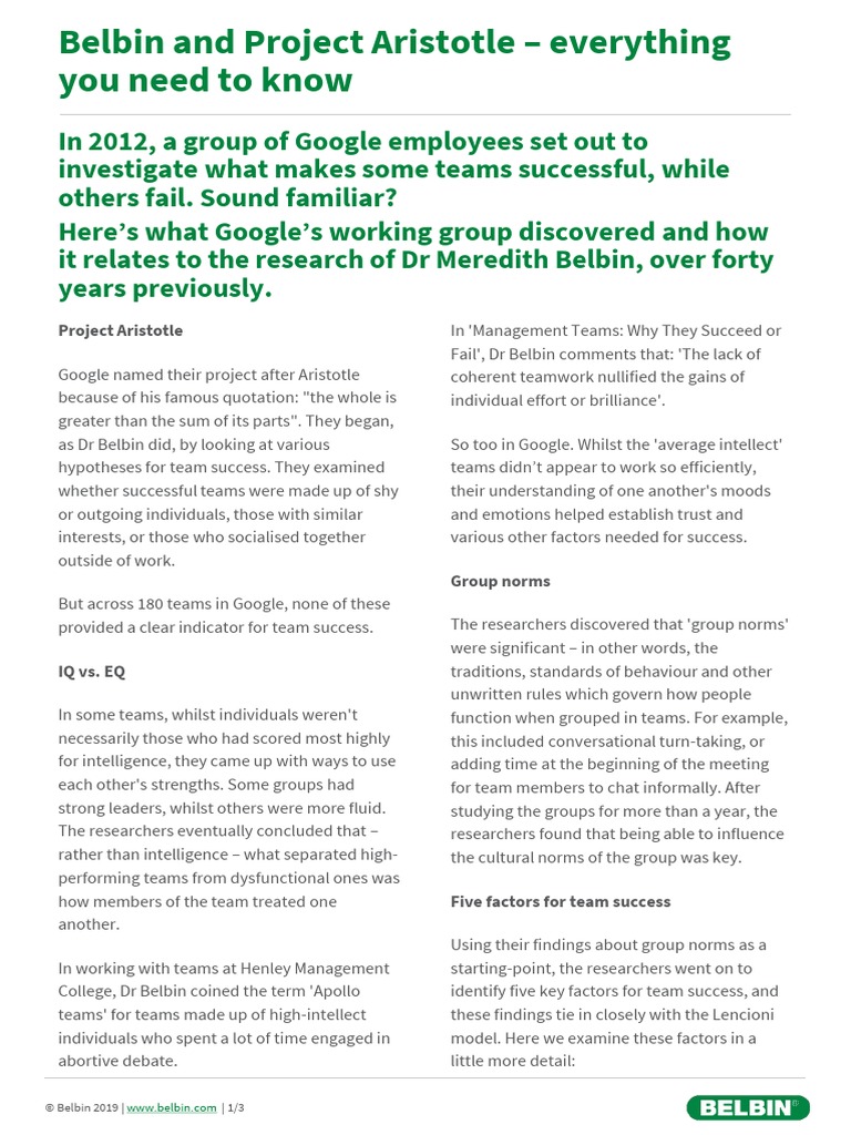 Belbin Project Aristotle Article Teams Teamwork Google September 2019 ...