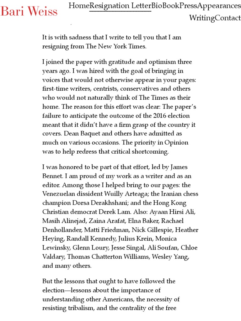 Resignation Letter — Bari Weiss | Newspaper And Magazine