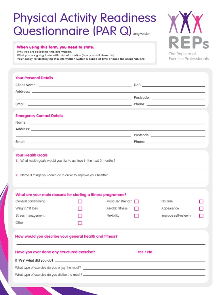 Physical Activity Readiness Questionnaire (PAR Q) : When Using This ...