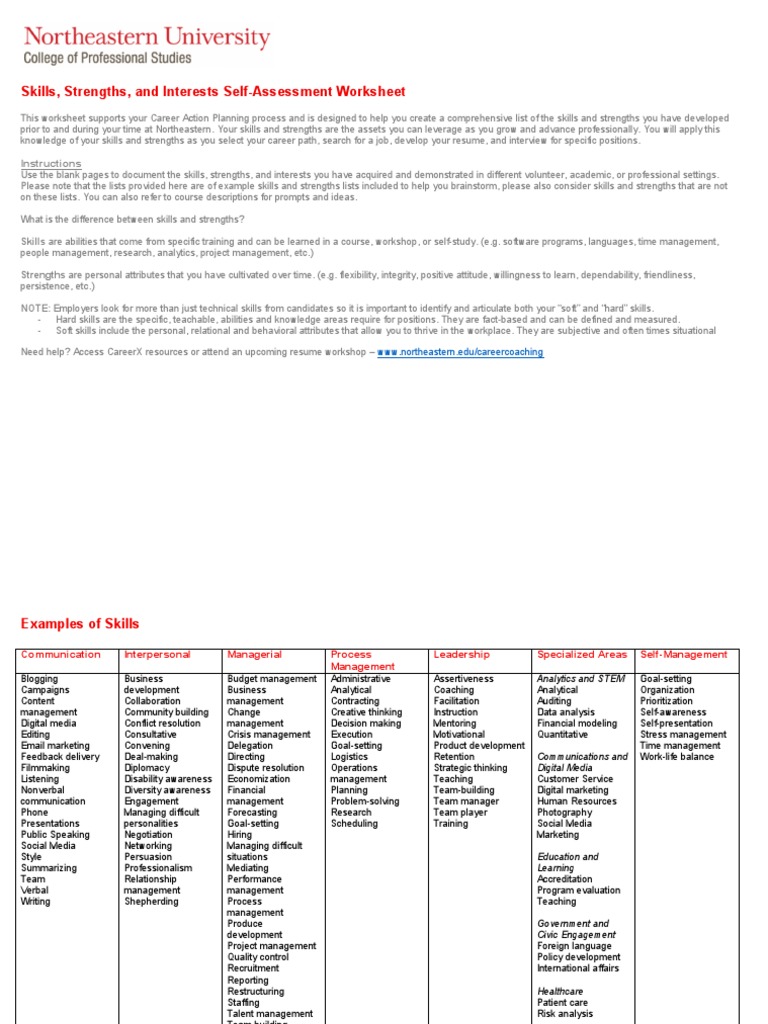 Skills, Strengths, and Interests Self-Assessment Worksheet ...
