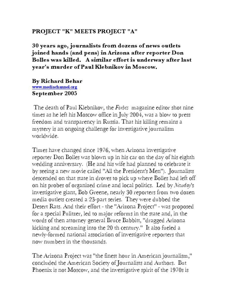 "PROJECT K" MEETS "PROJECT A" - 2005 - The Arizona Project, Don Bolles ...