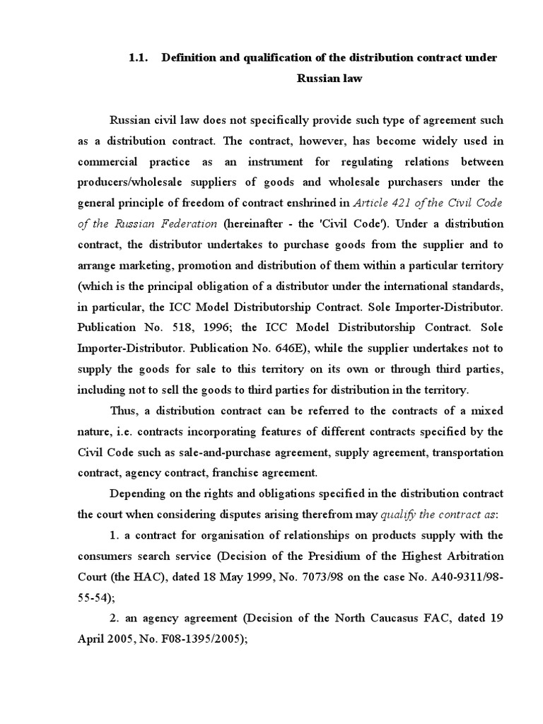 1.1. Definition and Qualification of The Distribution Contract Under ...