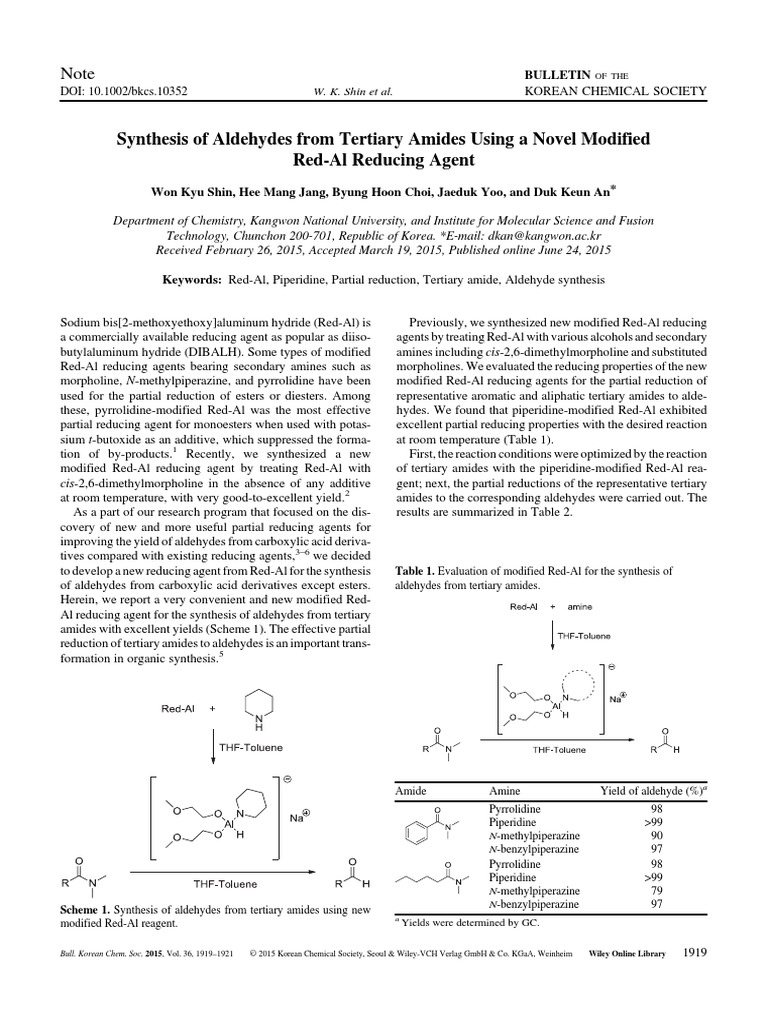 Synthesis of Aldehydes From Tertiary Amides Using A Novel Modified Red ...