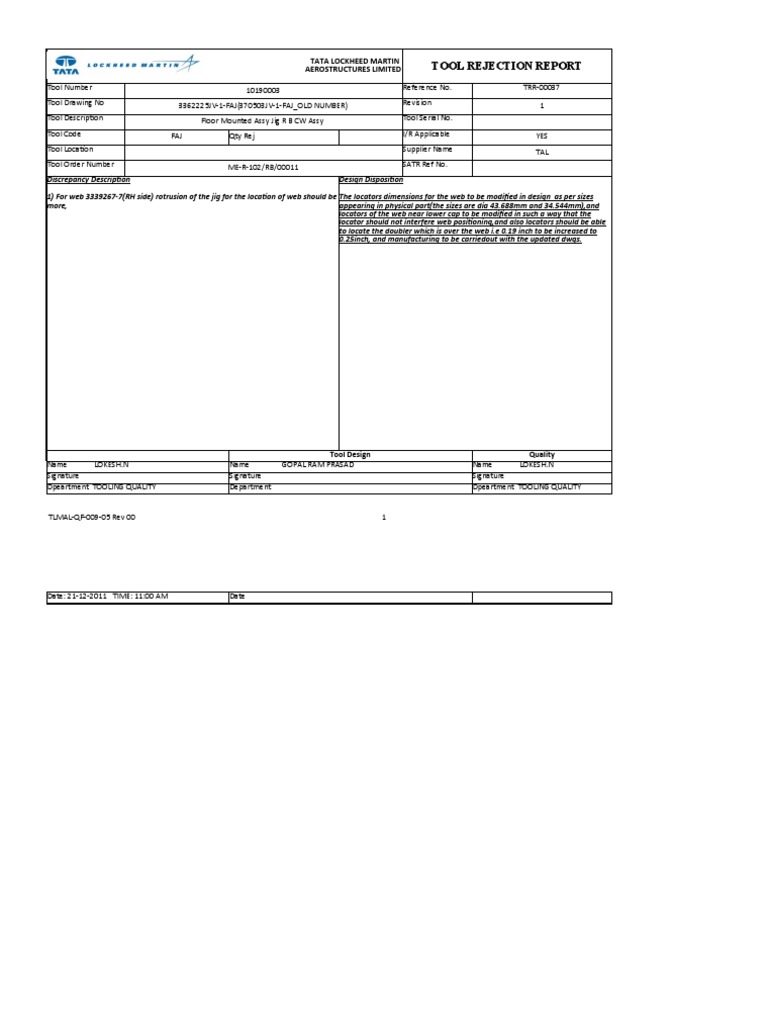 Tool Rejection Report: Tata Lockheed Martin Aerostructures Limited | PDF