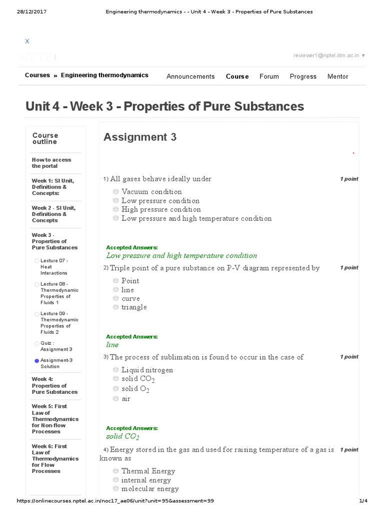 Unit 4 - Week 3 - Properties of Pure Substances: Assignment 3 | PDF | Enthalpy | Temperature