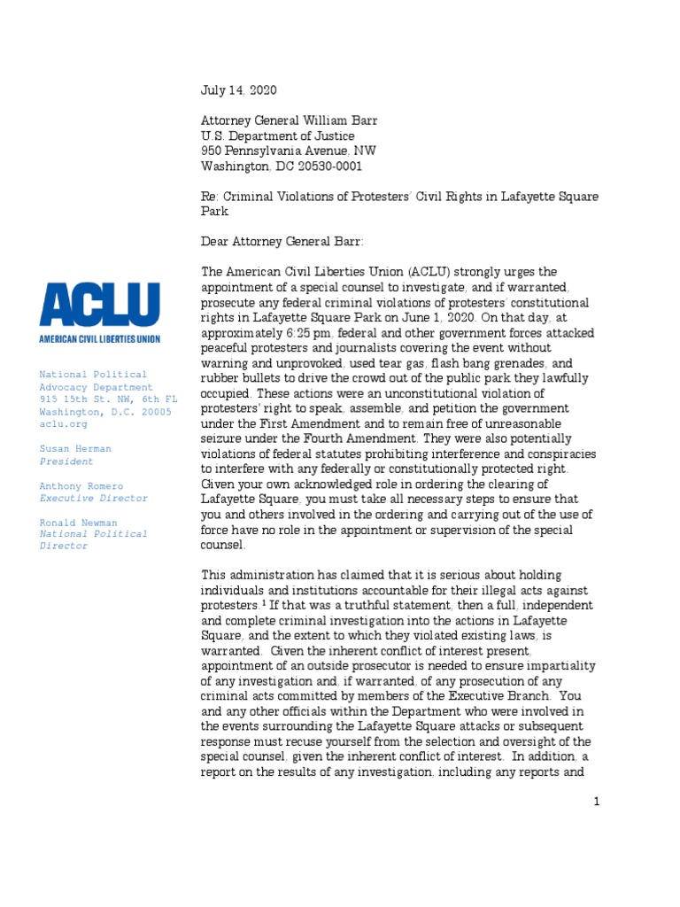 ACLU Letter To Barr | Download Free PDF | Attorney General | Prosecutor