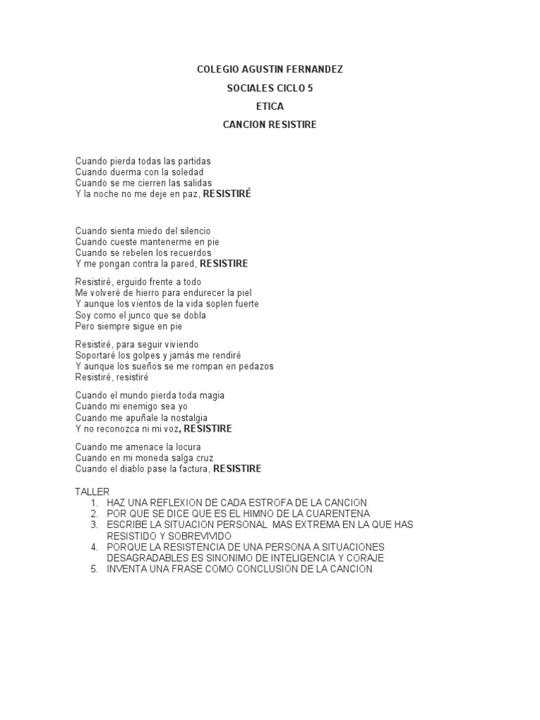 Etica Ciclo 5, Cancion Resistire | PDF