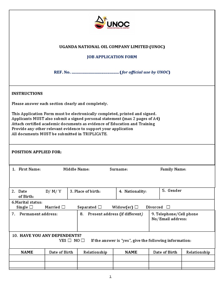Job Application Form: Uganda National Oil Company Limited (Unoc) | PDF ...