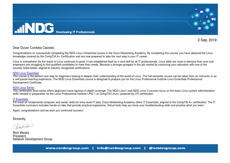 Dear Duvan Cordoba Caicedo,: NDG Linux Essentials | PDF