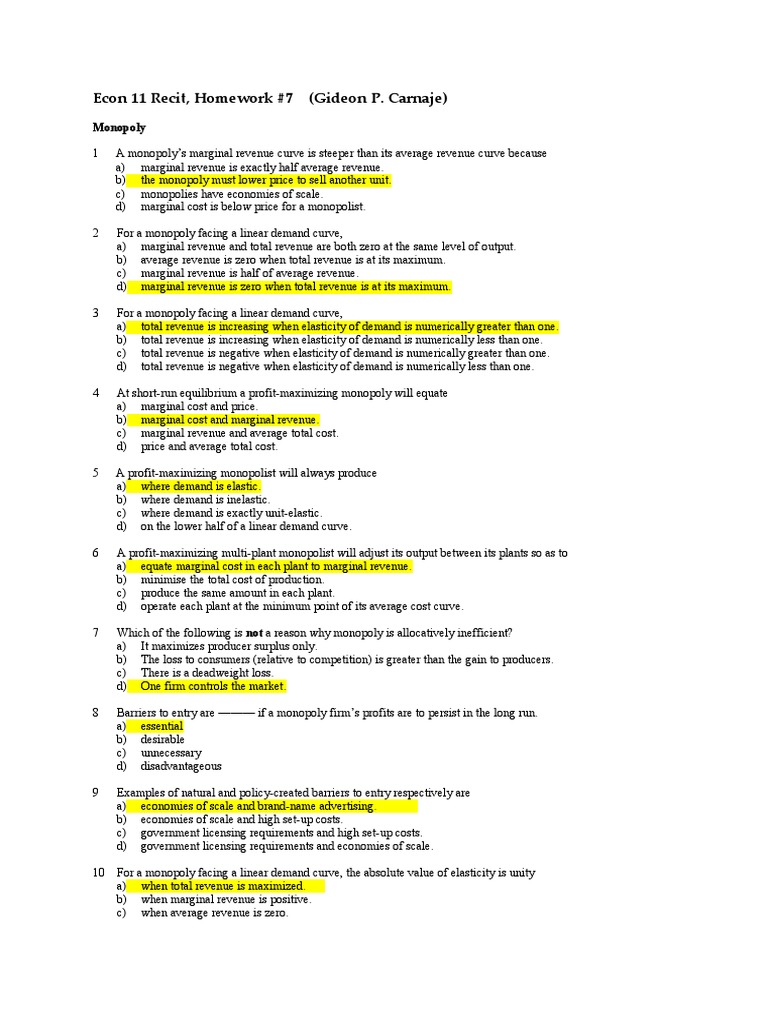 Econ Homework #7 ANSWER KEY | PDF | Monopoly | Demand