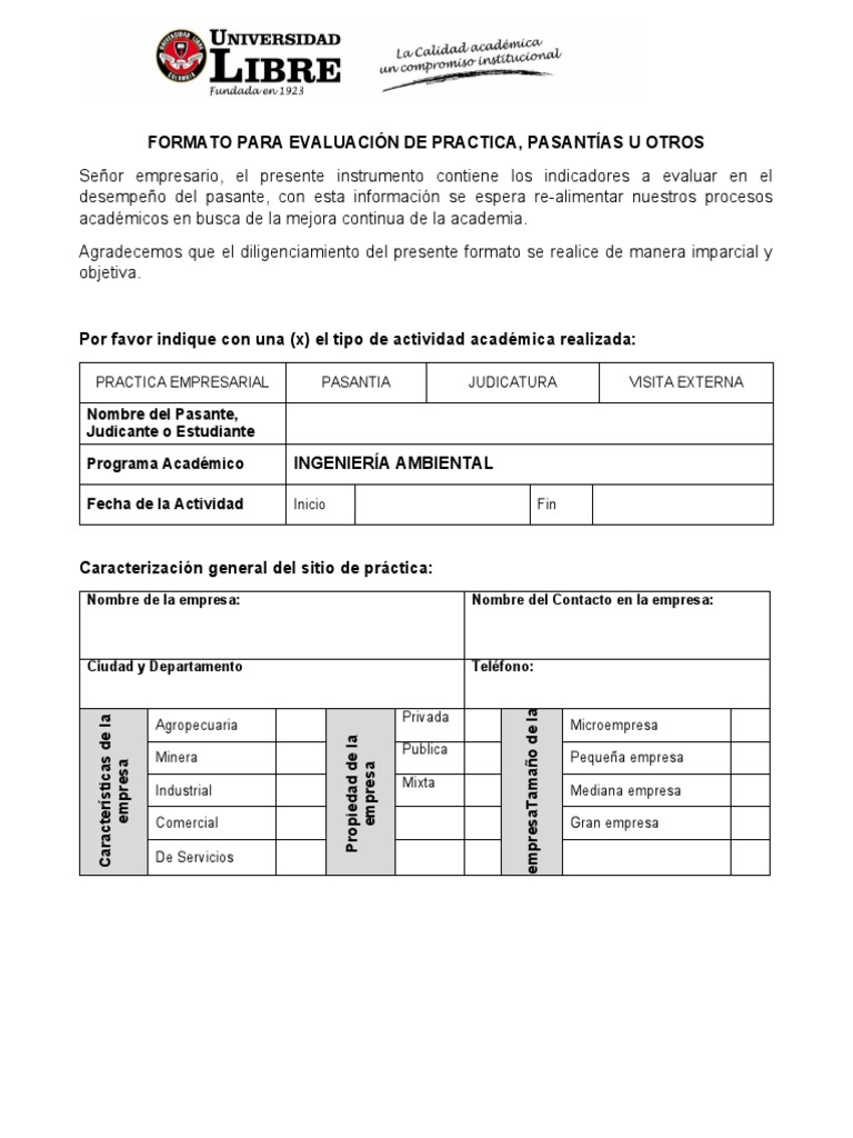 Formato Evaluacion Pasantias - Empresa (Acr) | PDF | Diseño | Evaluación