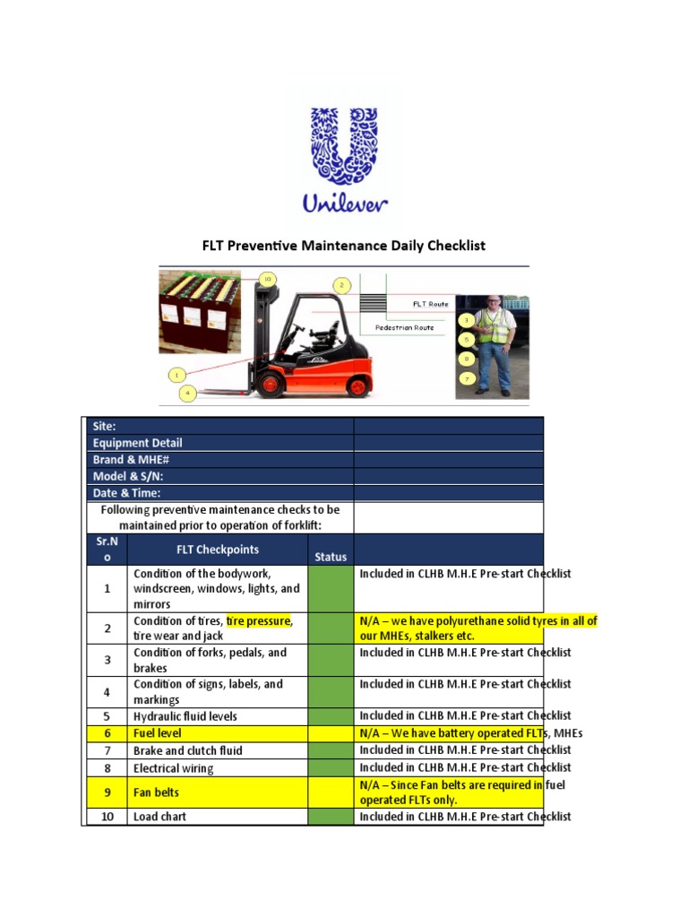 FLT Preventive Maintenance Daily Checklist - UPL | PDF | Tire | Wheeled ...