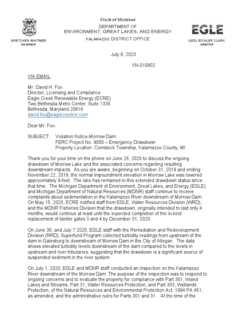 EGLE Order To EGRE For Morrow Dam | PDF | Dam | Sediment