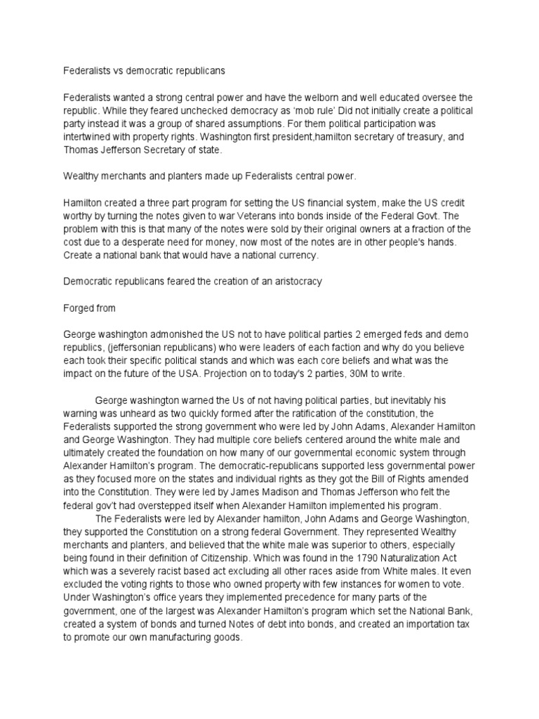 Federalists Vs Democratic Republicans | PDF | Alexander Hamilton ...