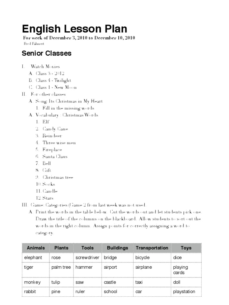 English Lesson Plan: Senior Classes | PDF | Christmas | Leisure