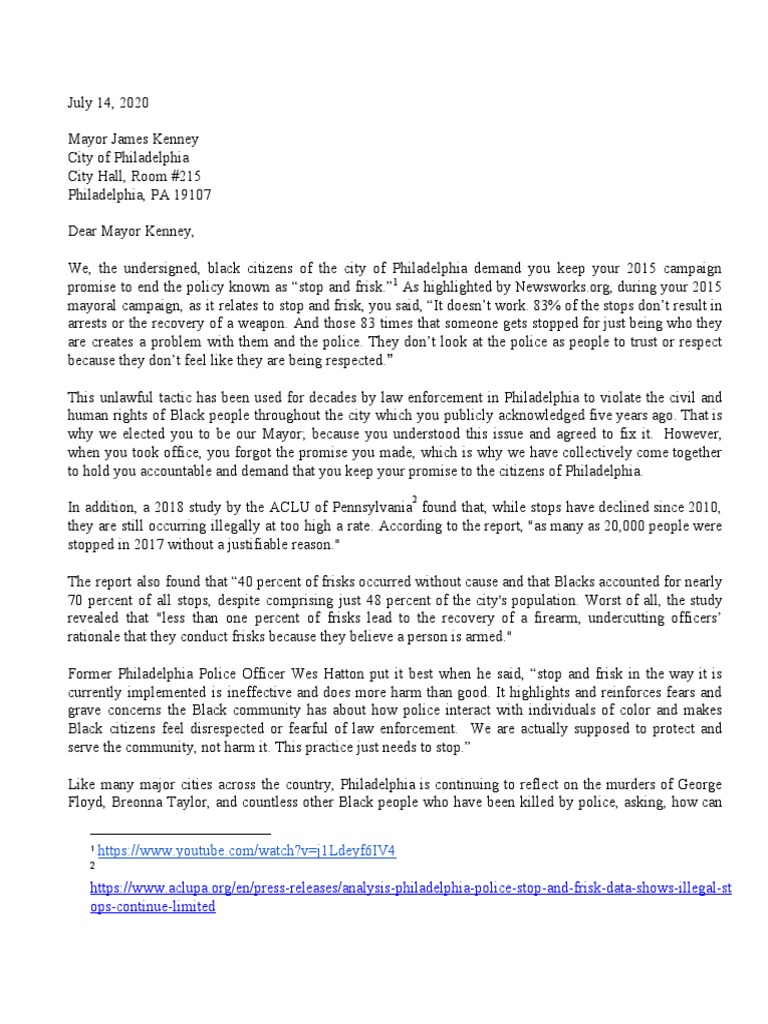 Stop and Frisk Letter To Mayor Kenney | PDF | Police Brutality | Terry Stop