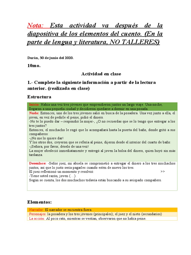 Actividad en Clase #3 ELEMENTOS DEL CUENTO | PDF