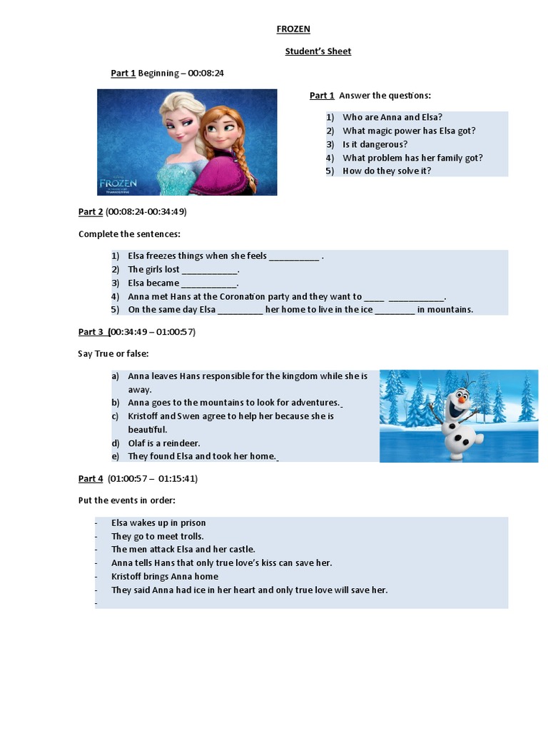 Frozen Student's Sheet Part 1 Beginning - 00:08:24 Part 1 Answer The ...