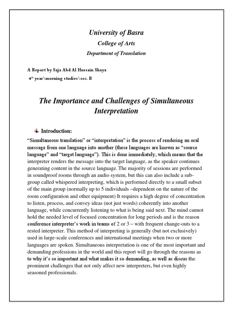 The Importance and Challenges of Simultaneous Interpretaion by سجى عبد الحسين شايع | PDF ...