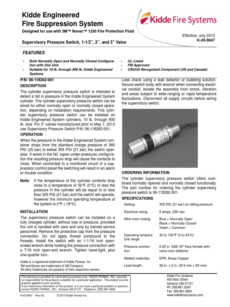 Kidde Engineered Fire Suppression System: Supervisory Pressure Switch, 1-1/2", 2", and 3" Valve ...
