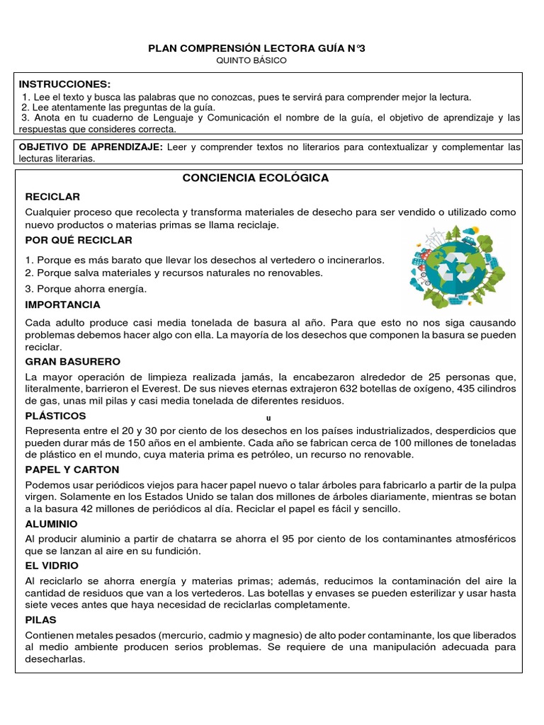 Guía de Comprensión Lectora: Reciclaje 5to Básico | PDF | Reciclaje ...