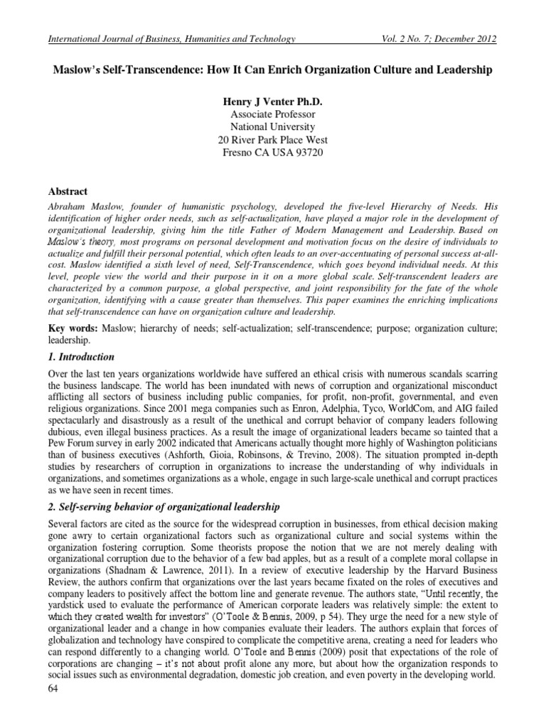 Maslow's Self-Transcendence: How It Can Enrich Organization Culture and ...