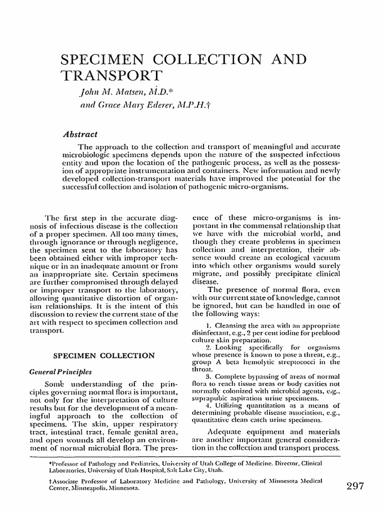 Specimen Collection Transport AND: John M. Matsen, M.D. and Grace Mary ...