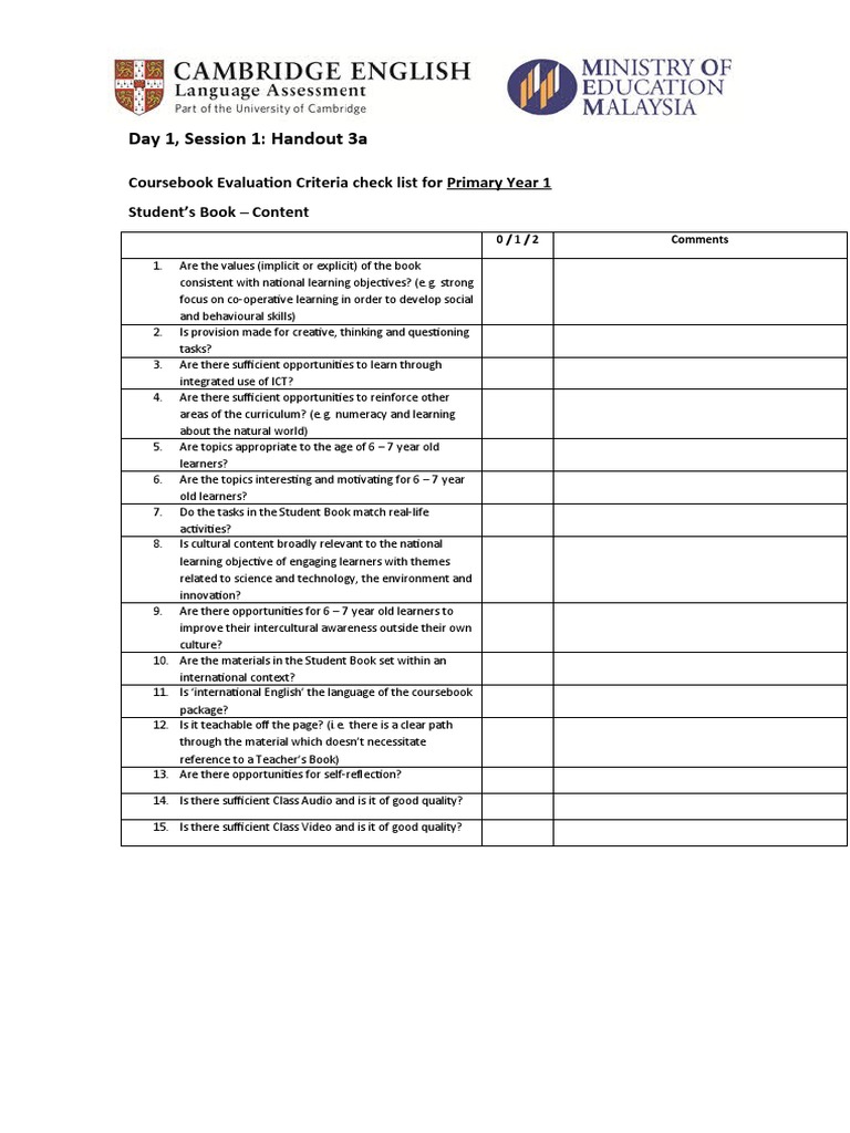 Day 1, Session 1: Handout 3a: Coursebook Evaluation Criteria Check List ...